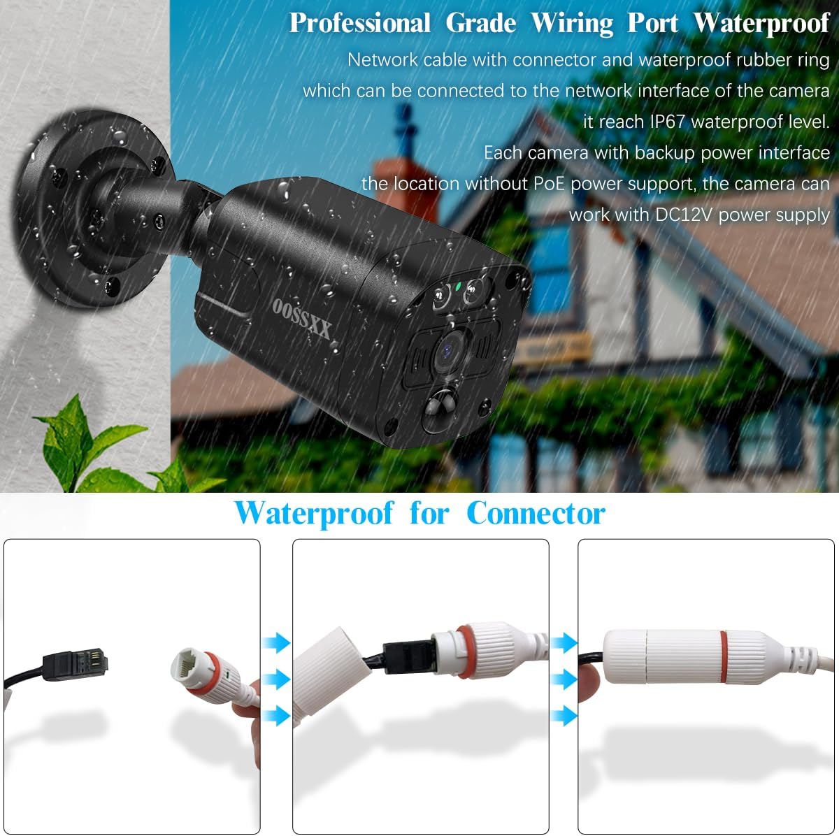 OOSSXX Black Extend Camera 4K POE 4K PIR POE Extend Camera Outdoor Ind